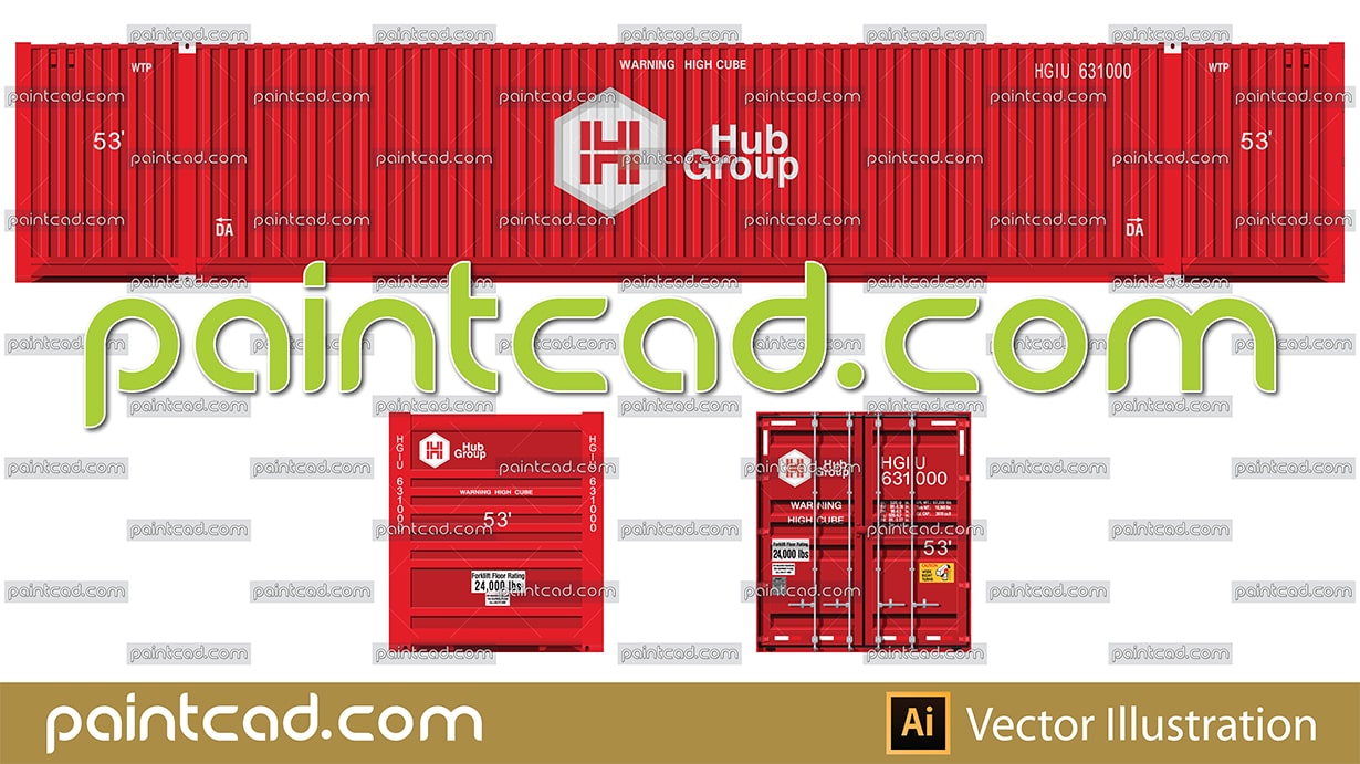Intermodal container 53 foot long in red livery of Hub Group